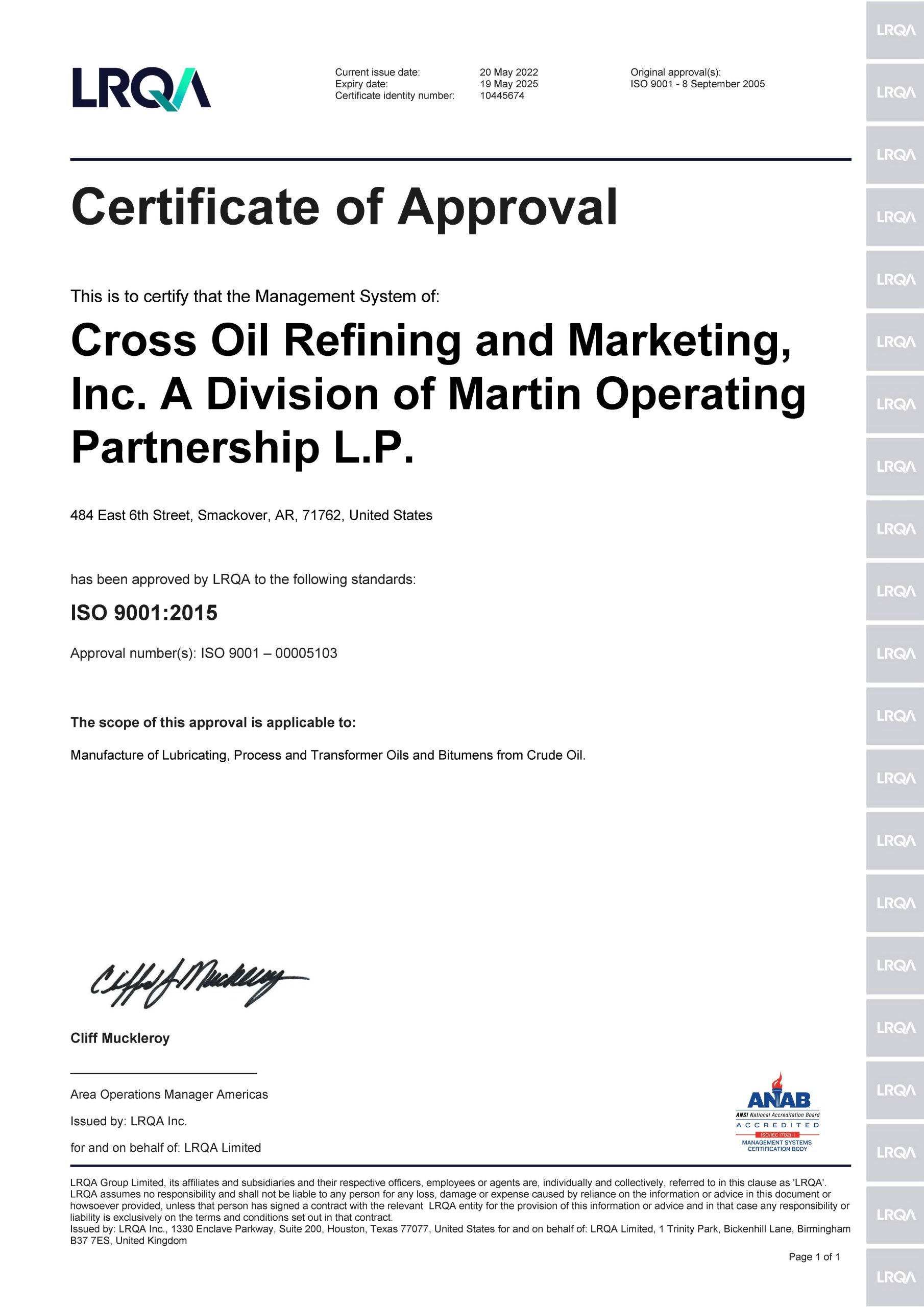 Cross Oil ISO Certification